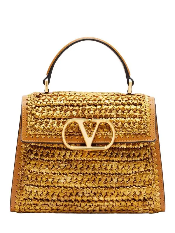 Valentino Garavani V Sling Small Raffia-effect Top-handle Bag - Gold