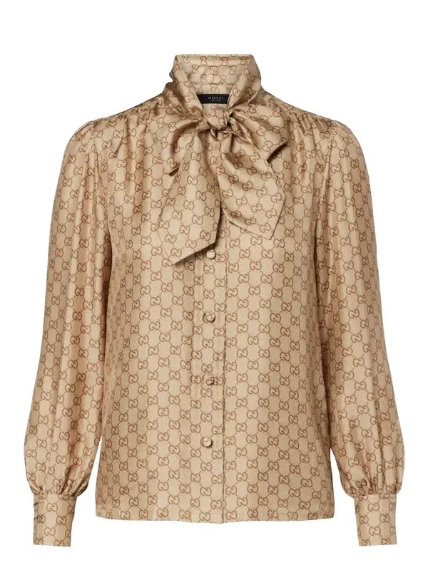 Gucci Gg Printed Silk Twill Blouse - Beige