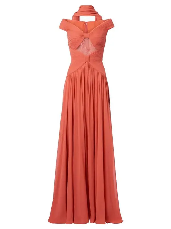 Elie Saab Gathered Lace-trimmed Silk Gown - Orange