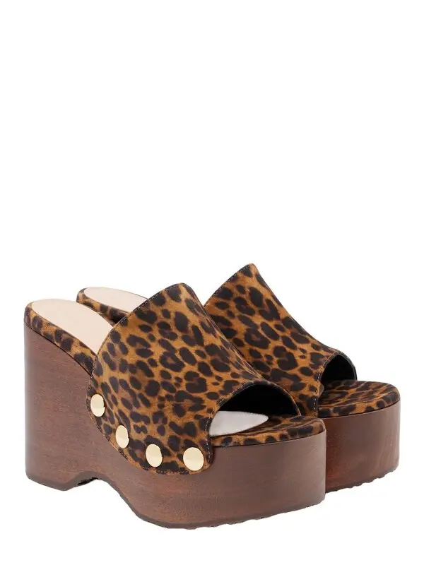 GIANVITO ROSSI Leopard-print Suede Wedge Mules - Brown