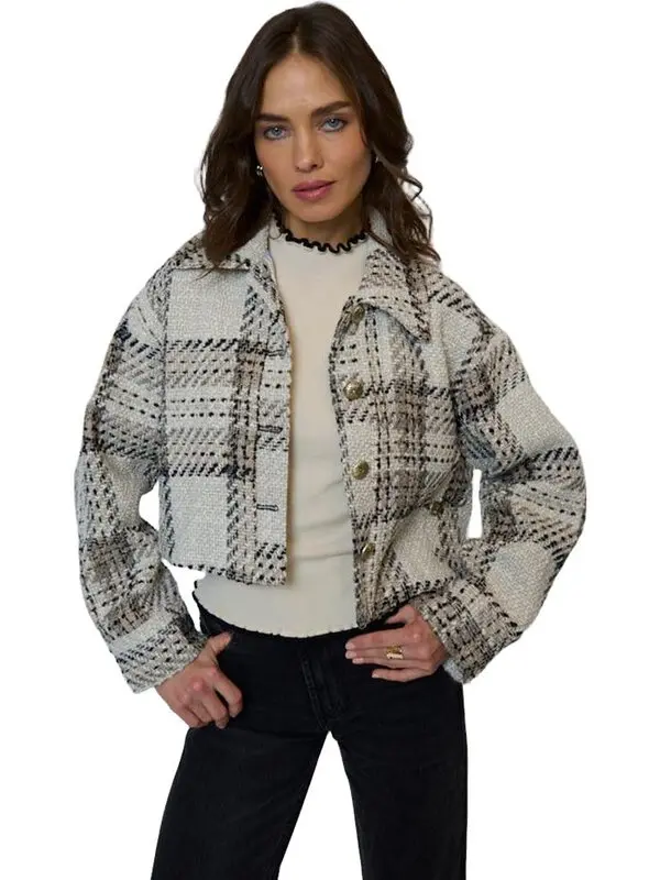 Central Park West Billie Cropped Oversized Tweed Jacket - Plaid