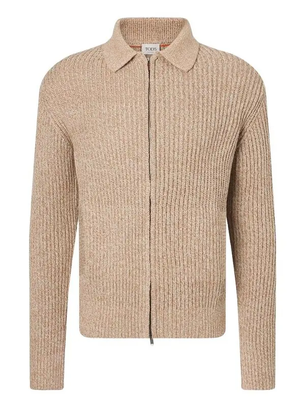 TOD'S Cotton Mouliné Zip-up Cardigan - Beige