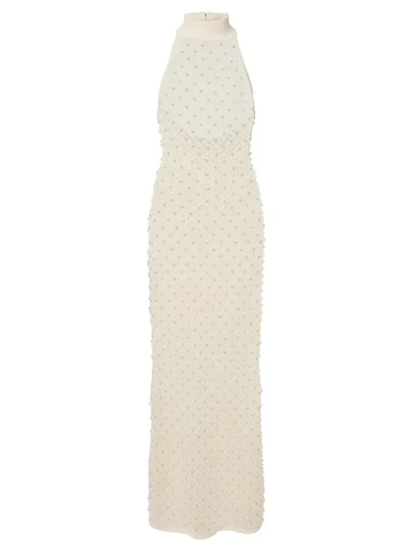 David Koma Crochet Embellished Turtleneck Gown - White