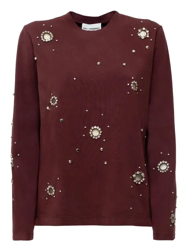 DES_PHEMMES Embellished Cotton T-shirt - Burgundy
