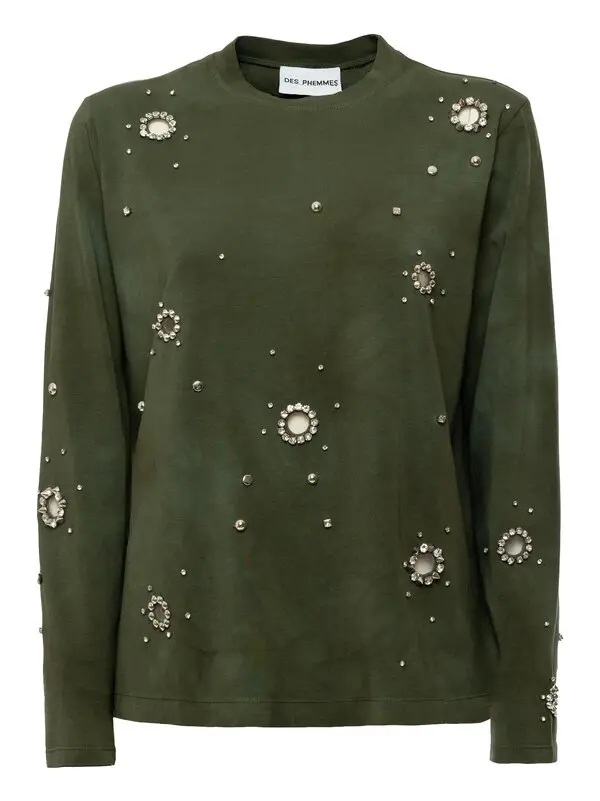 DES_PHEMMES Embellished Cotton T-shirt - Dark Green