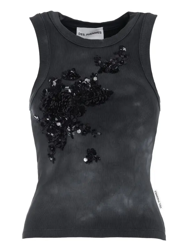 DES_PHEMMES Embellished Stretch-cotton Tank Top - Navy