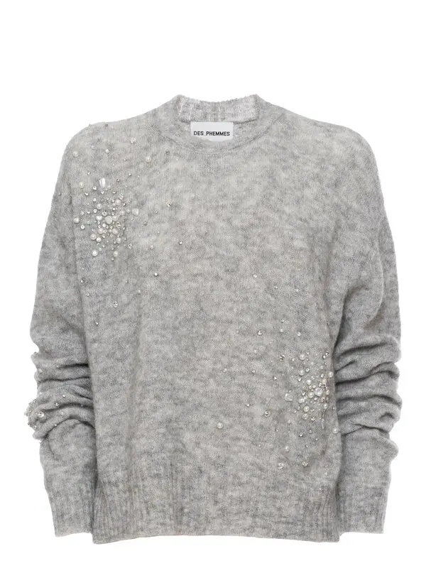 DES_PHEMMES Embellished Mohair Sweater - Light Grey