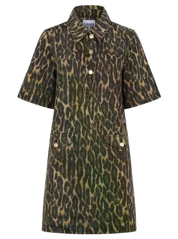 GANNI Leopard Button Dress - Green