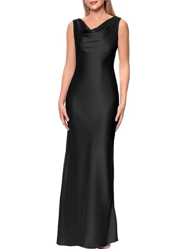 Betsy & Adam Open Back Satin Charmeuse Gown - Black