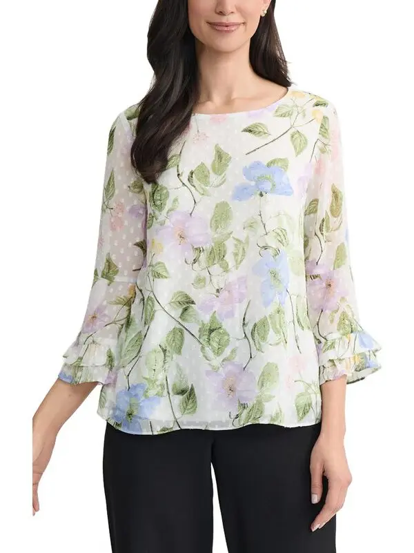 KASPER Floral Print Ruffle Sleeve Shirt - Lily White Multi