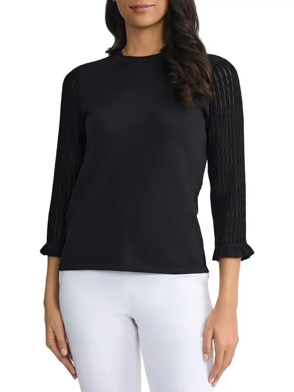 KASPER Sheer Ruffle Sleeve Sweater - Black