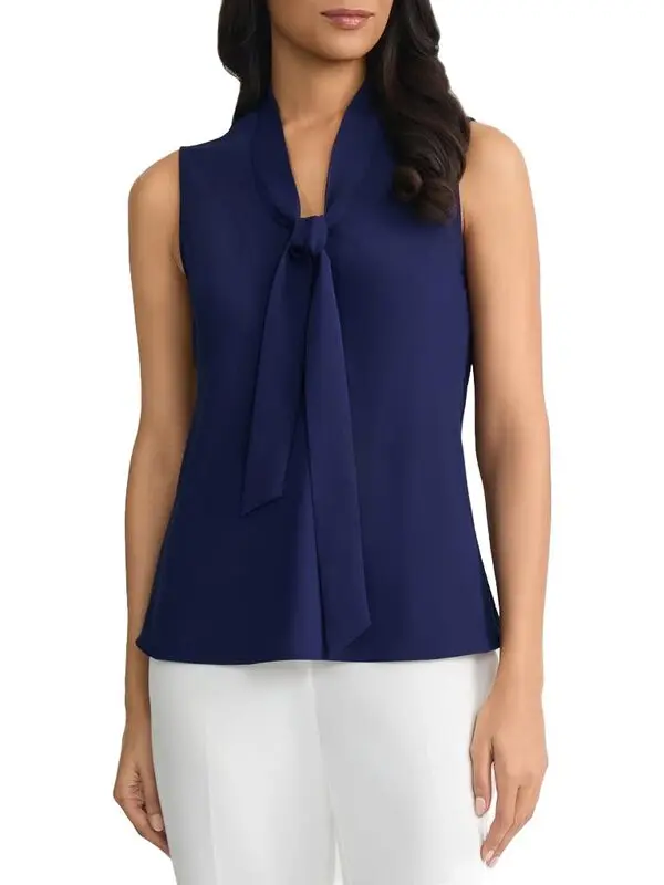 KASPER Sleeveless Tie Front Top - Kasper Navy