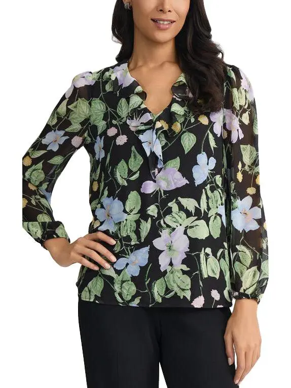KASPER Floral Print Ruffle Blouse - Black Multi