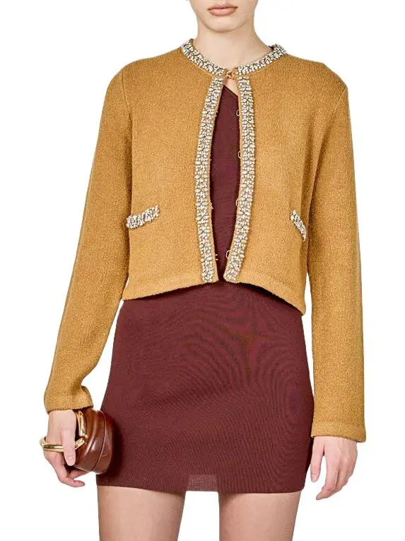 Endless Rose Bouclé Jewel Trim Cardigan - Mocha