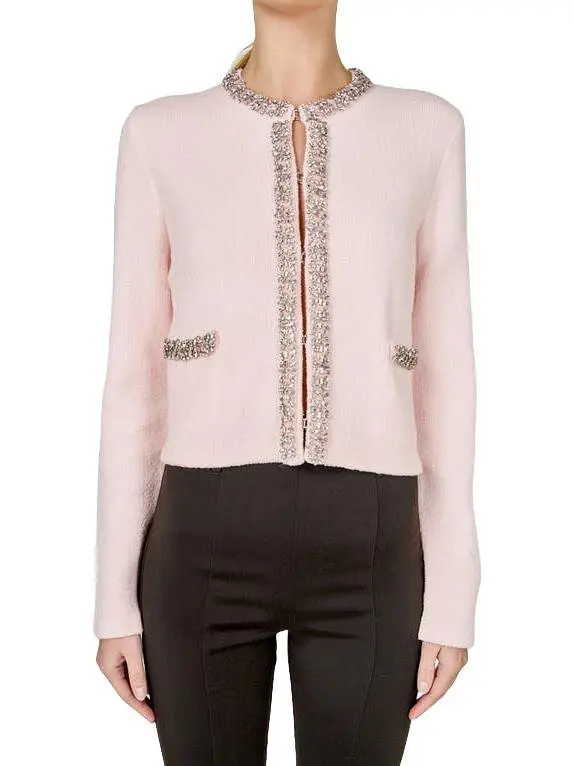 Endless Rose Bouclé Jewel Trim Cardigan - Pink
