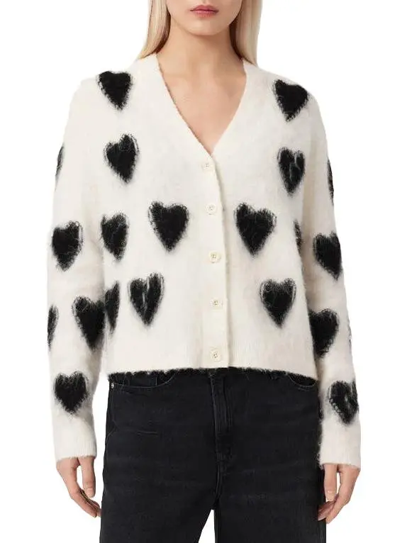 ALLSAINTS Scatter Heart Alpaca & Merino Wool Blend Cardigan - Chalk White/black