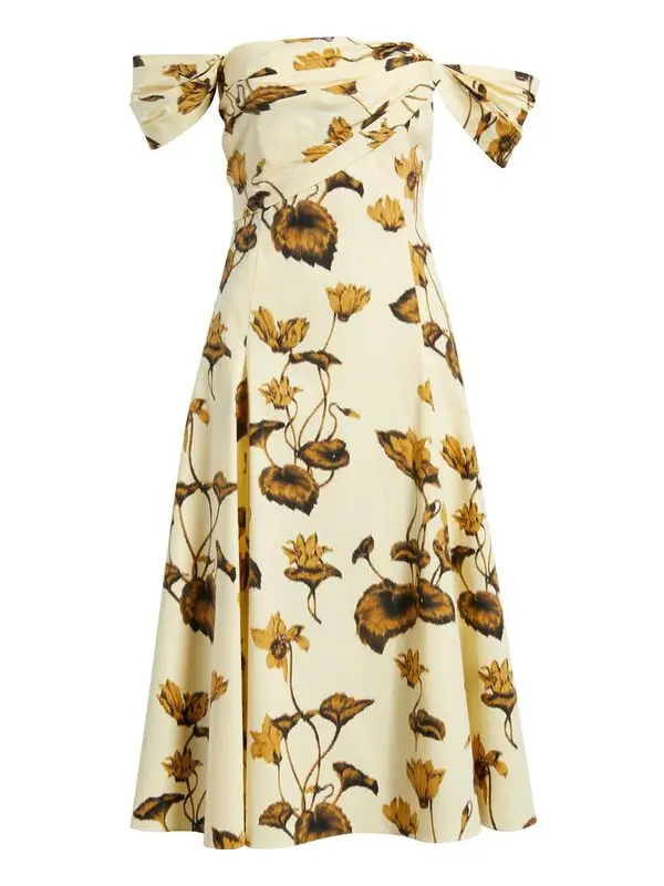 Oscar De La Renta Chiné Cyclamen Stretch Poplin Off-the-shoulder Dress - Brown/light Butter