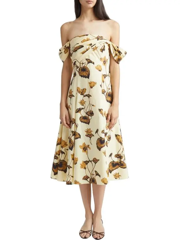 Oscar De La Renta Chiné Cyclamen Stretch Poplin Off-the-shoulder Dress - Brown/light Butter