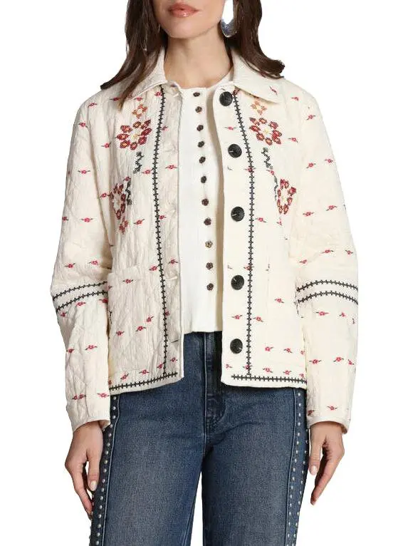 Avec Les Filles Embroidered Quilted Cotton Jacket - Cream Floral