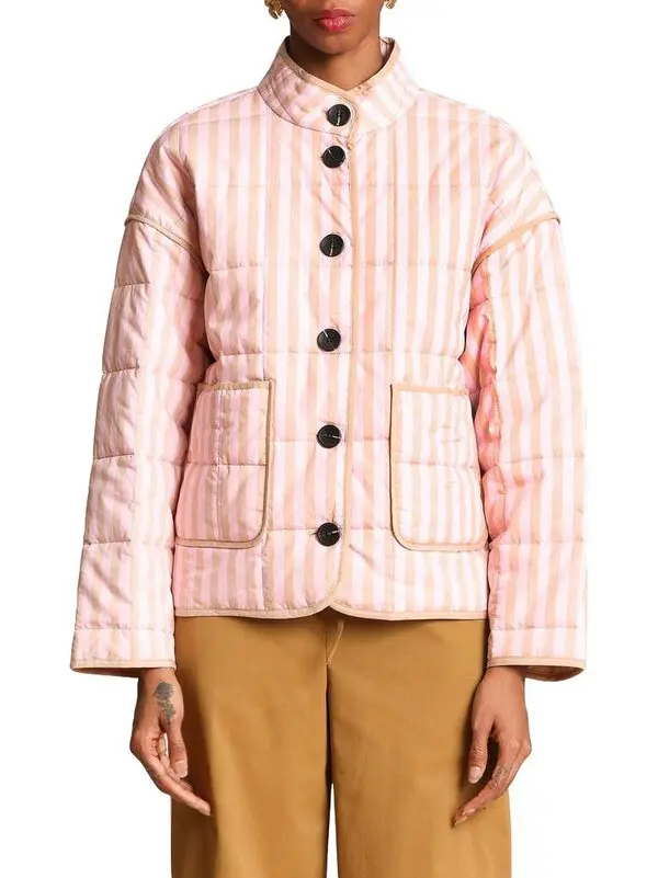 Avec Les Filles Stripe Boxy Quilted Cotton Blend Jacket - Pink-taupe Stripe