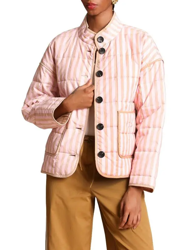 Avec Les Filles Stripe Boxy Quilted Cotton Blend Jacket - Pink-taupe Stripe
