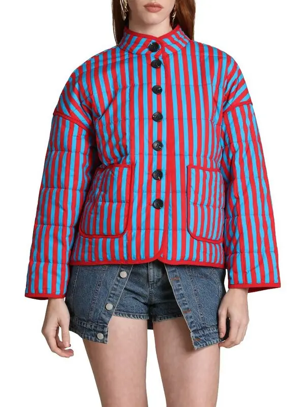 Avec Les Filles Stripe Boxy Quilted Cotton Blend Jacket - Sailor Blue-tomato S