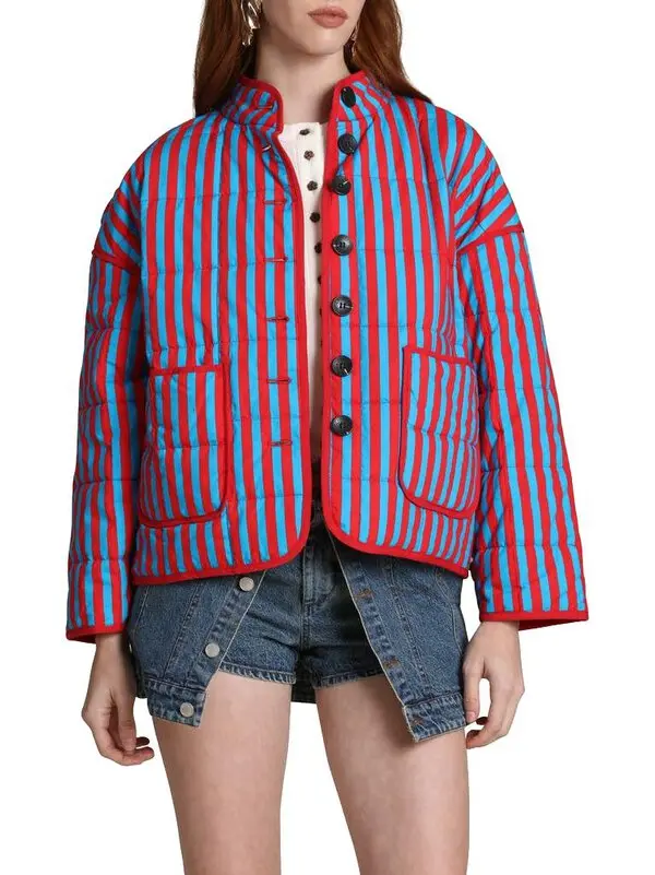 Avec Les Filles Stripe Boxy Quilted Cotton Blend Jacket - Sailor Blue-tomato S