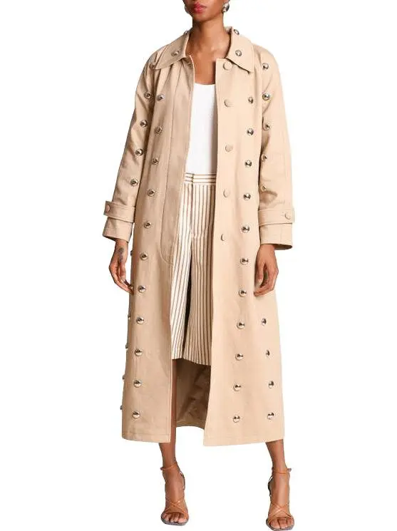 Avec Les Filles Stud Detail Cotton Blend Trench Coat - Khaki Studded