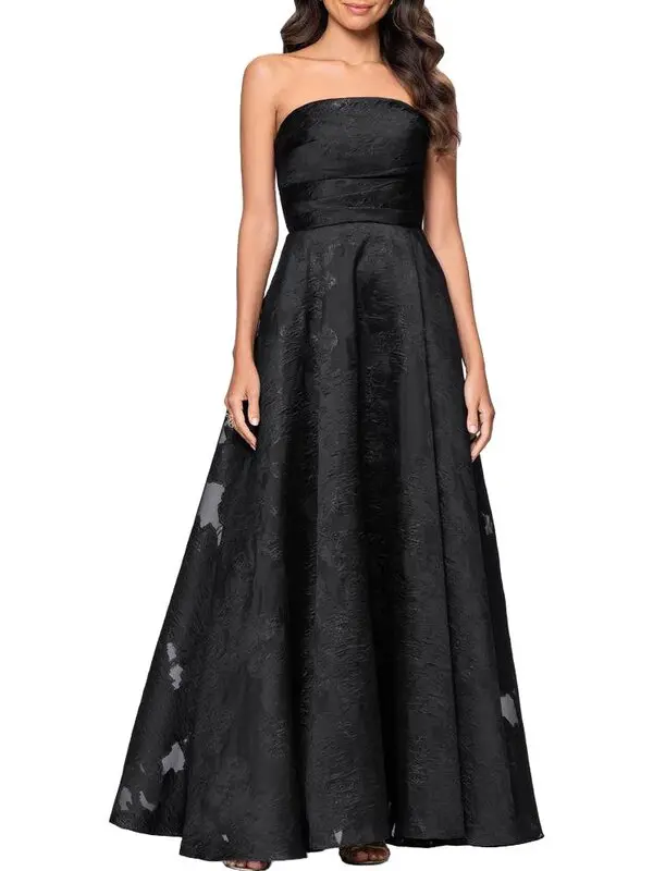 Betsy & Adam Floral Brocade Strapless Gown - Black