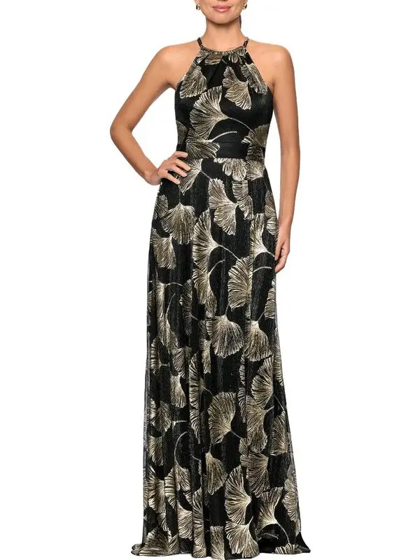 Betsy & Adam Metallic Floral Pattern Sleeveless Gown - Black/gold