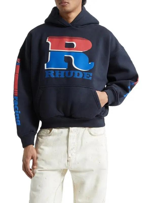 Rhude Split Petrol Logo Graphic Hoodie - Vintage Black/red/blue