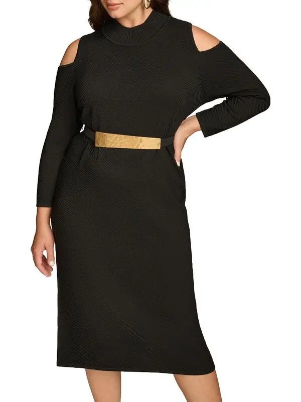 Donna Karan New York Belted Cold Shoulder Midi Dress - Black