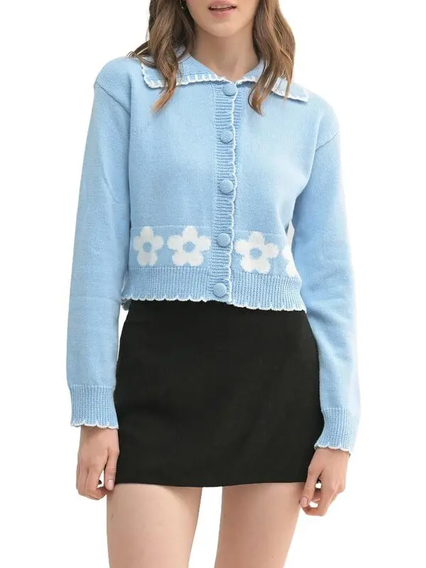 ALL IN FAVOR Floral Intarsia Cotton-blend Cardigan - Blue White