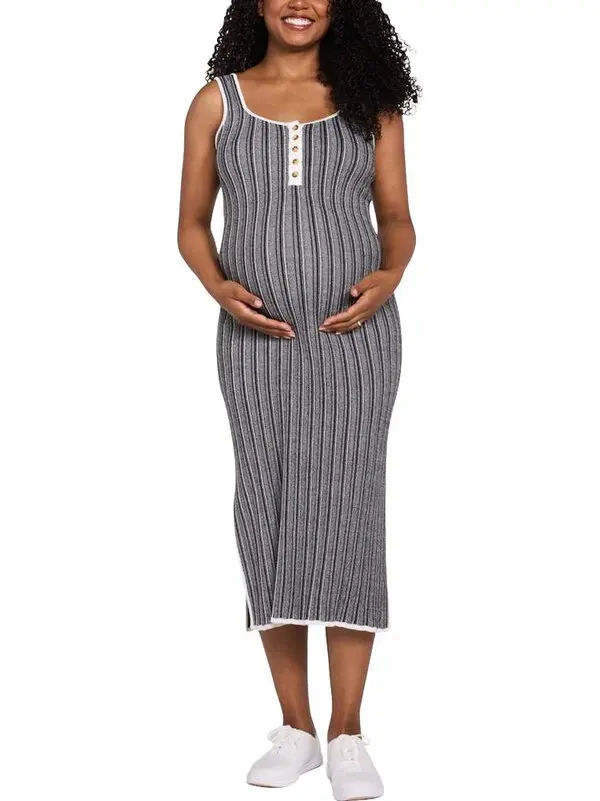 Motherhood Maternity Sleeveless Nursing Henley Midi Dress - Black Stripe