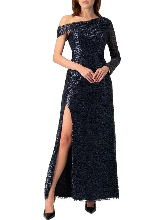IVONNE Embroidered Gown With Slit And Single Sleeve - Navy Blue