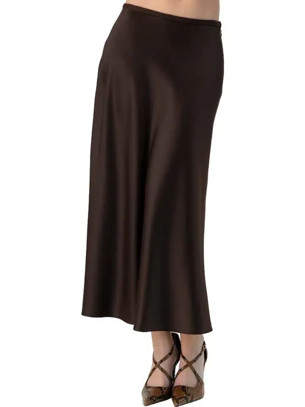 IVONNE Solid Satin Midi Skirt - Brown