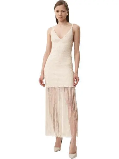 DODIEE Knitted Sequin Tank Dress With Fringing - Cream