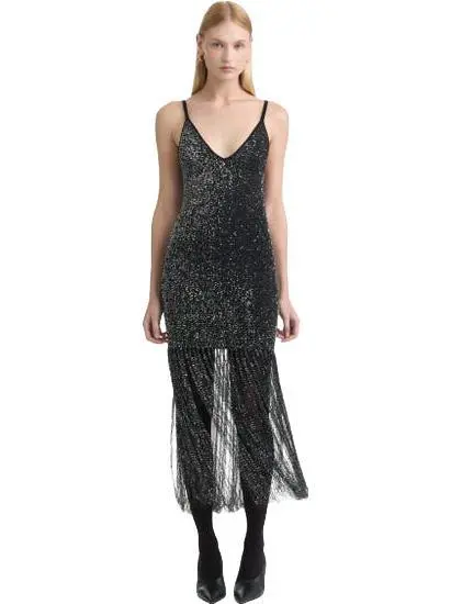 DODIEE Knitted Sequin Tank Dress With Fringing - Silver