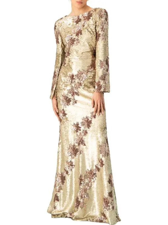 IVONNE Floral Sequin Gown With Open Back - Gold