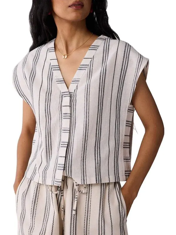 REISTOR Relaxed V-neck Striped Top - Off-white