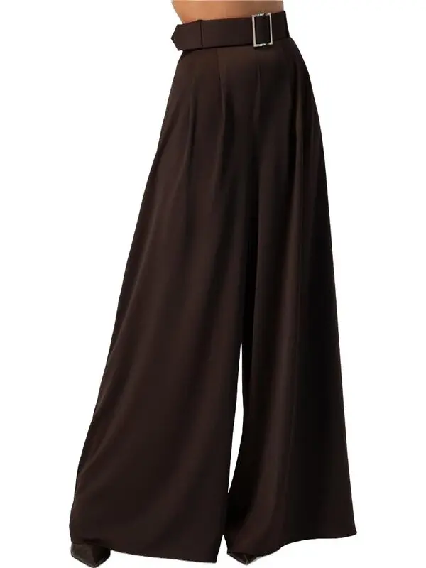IVONNE Wide-leg Satin Trousers - Brown