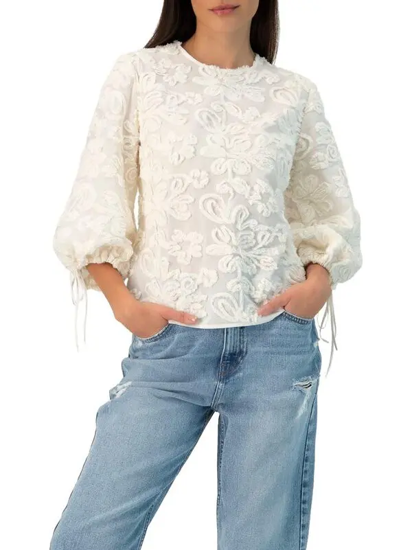 IVONNE Long Sleeve Floral Applique Blouse - Ivory