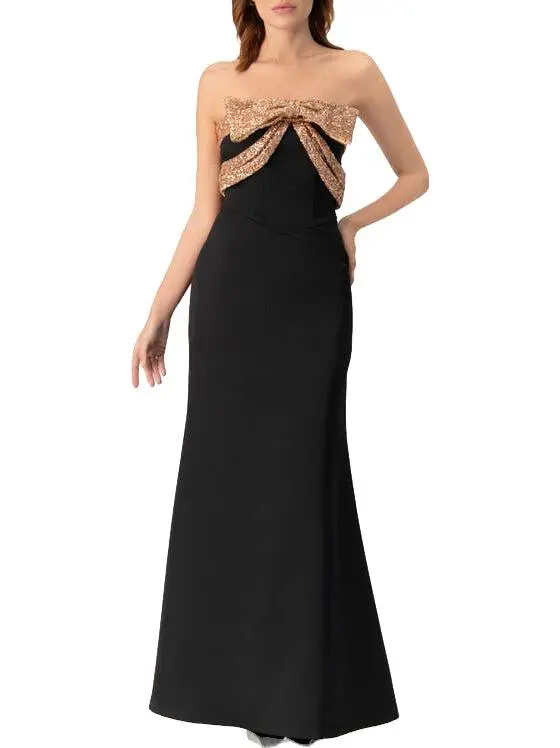 IVONNE Long Strapless Dress With Bow Detail - Black