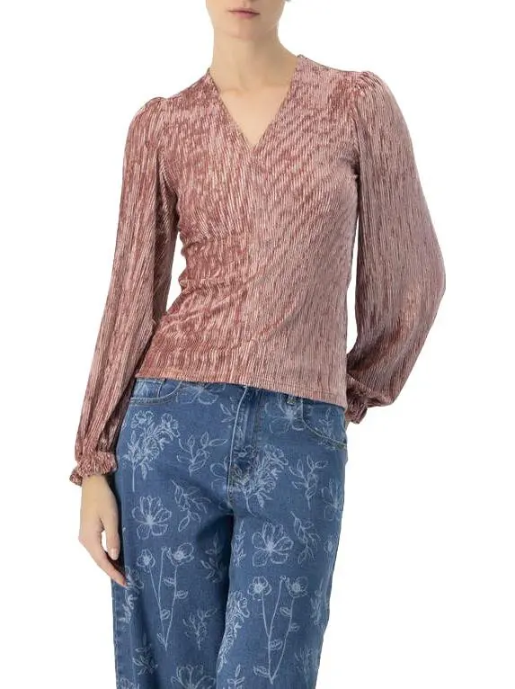IVONNE Pleated Velvet V-neck Blouse - Dark Pink