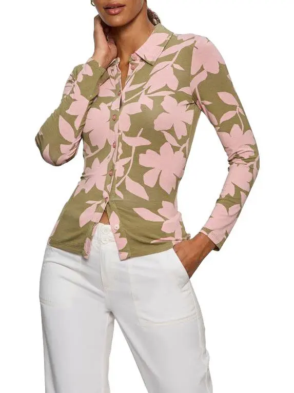 Sanctuary Dreamer Floral Knit Button-up Shirt - Pink Silhouette