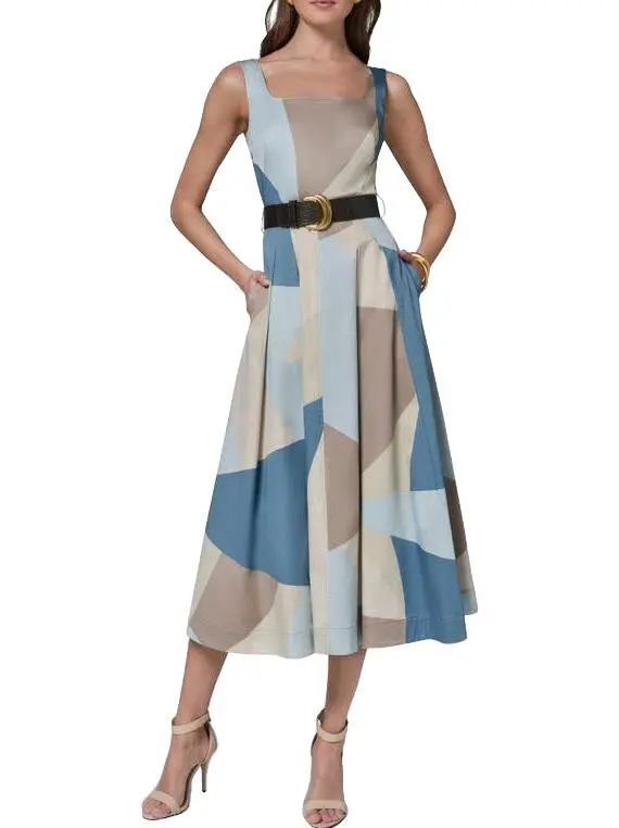 Donna Karan New York Abstract Pleated Belted Midi Dress - Washed Indigo/sea Mist Multi