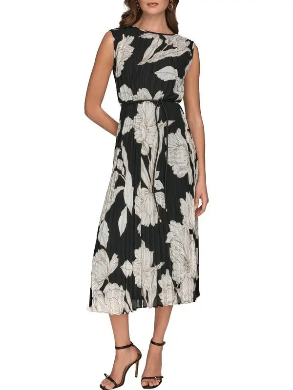 Donna Karan New York Belted Pleated Midi Dress - Black/fawn/cream