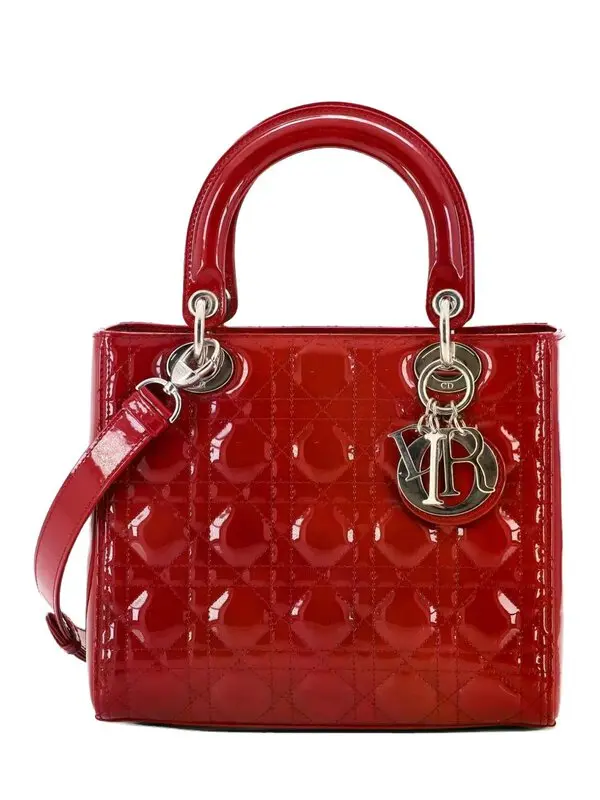 Dior Lady Cannage Quilt Patent Medium Satchel - Red