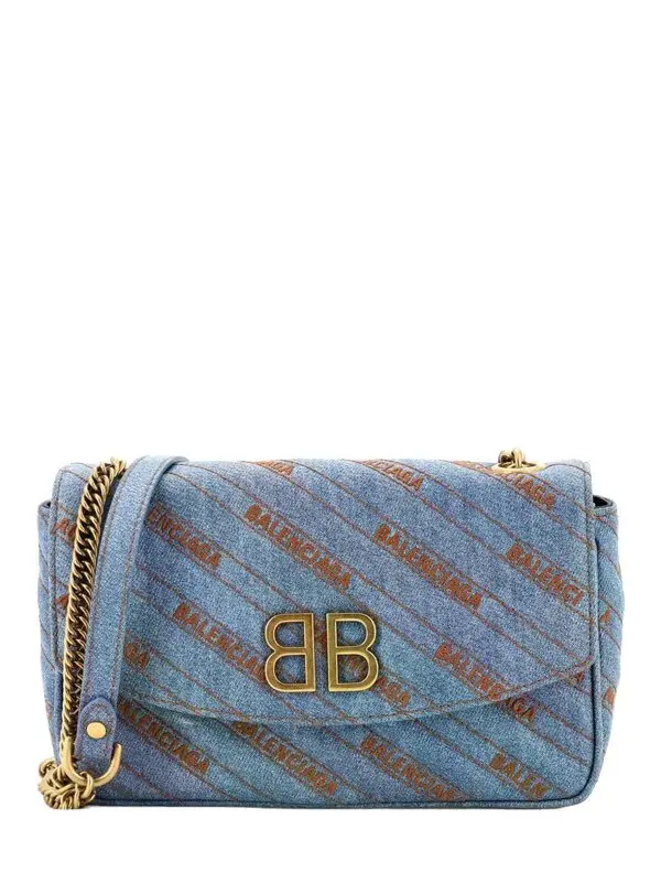 Balenciaga Bb Chain Round Quilted Embroidered Denim Medium Shoulder Bag - Blue