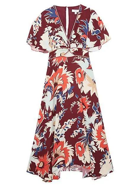 REISS Floral-print Woven Midi Dress - Burgundy